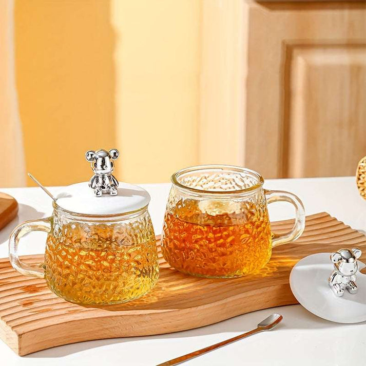 Charming Hammered Bear Glass Coffee Cup with Handle & Lid – Reusable T ...