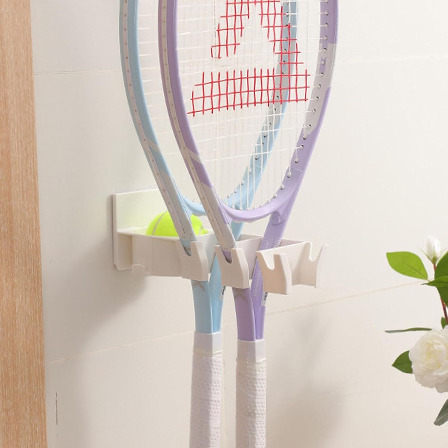 Wall Mounted Racket Holder with Key Hooks – No Drill Organizer for Ten ...