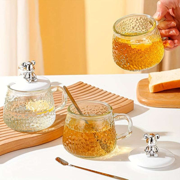 Charming Hammered Bear Glass Coffee Cup with Handle & Lid – Reusable T ...