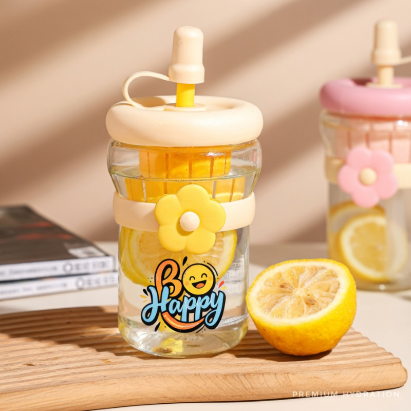 Customized “Be Happy” Glass Sipper Bottle – Personalized Text Water Bo ...