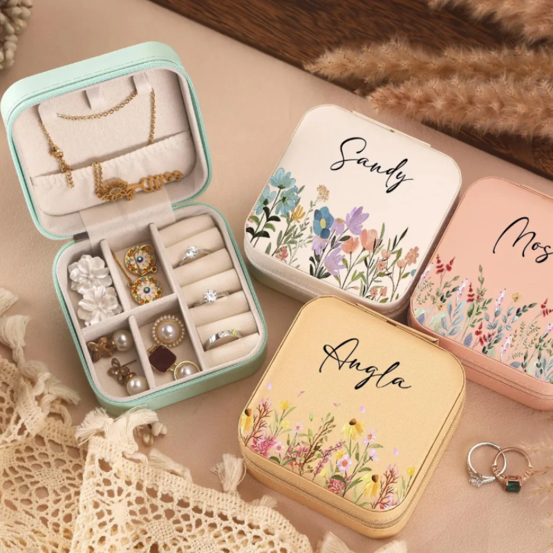 Customized Name & Flower Design Jewelry Box – Travel Jewelry Organizer ...