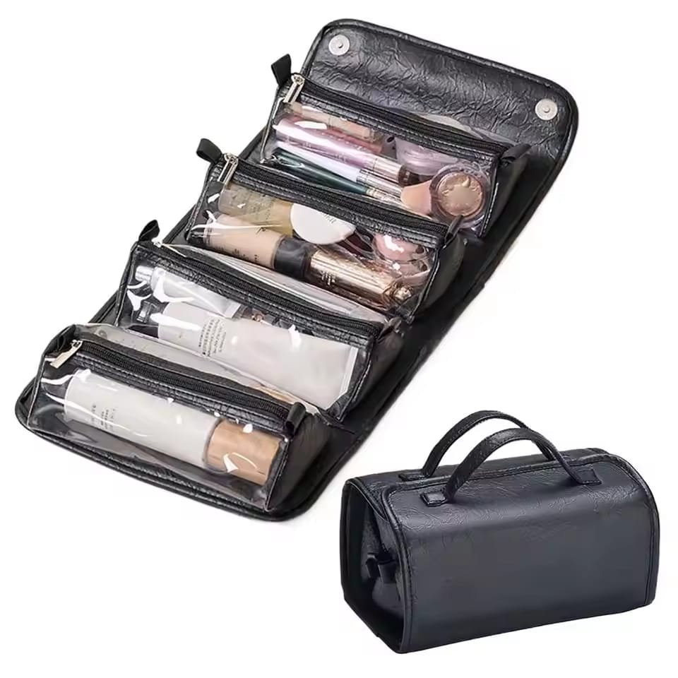 4-in-1 PU Leather Travel Toiletry Bag – Roll-Up Cosmetic Organizer wit ...